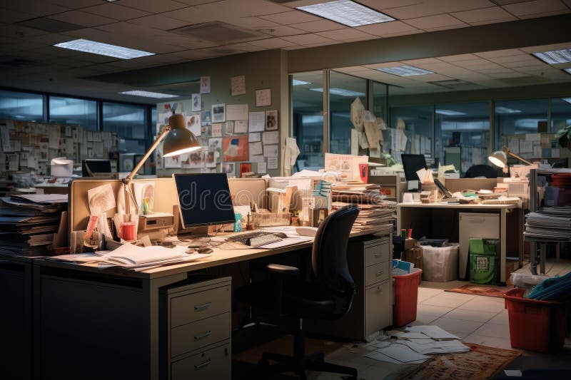 Picture of a Dim Workplace Filled with Many Documents Office after ...