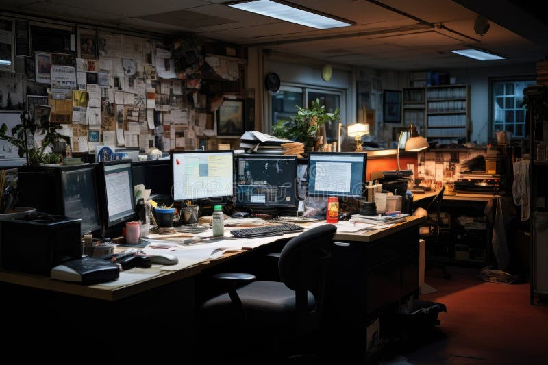 Picture of a Dim Workplace Filled with Many Documents Office after ...