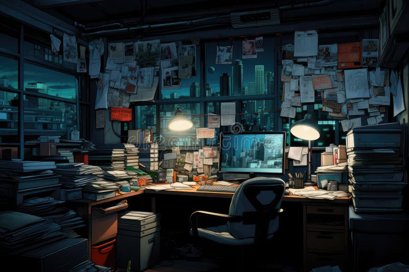 Picture of a Dim Workplace Filled with Many Documents Office after ...