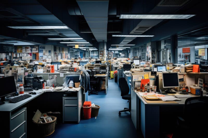 Picture of a Dim Workplace Filled with Many Documents Office after ...