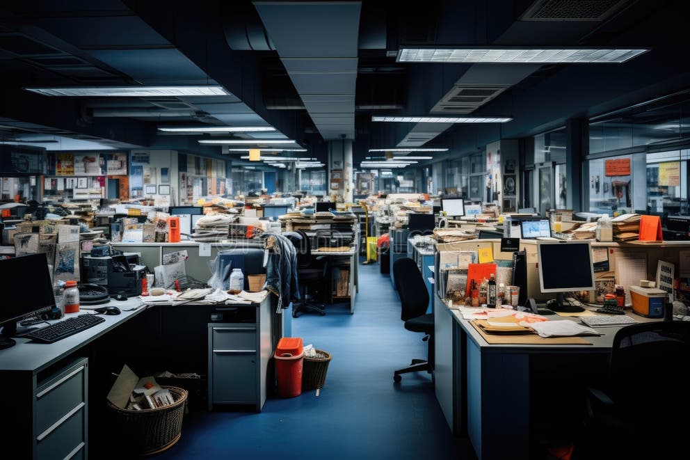 Picture of a Dim Workplace Filled with Many Documents Office after ...
