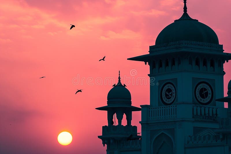 A Picture of the Dome and a Clock Tower in a Mosque at Sunset or ...