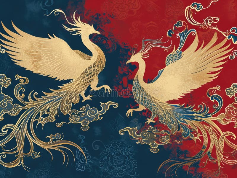 The Picture of Double Flying Phoenix that Stay Opposite of Each Other ...