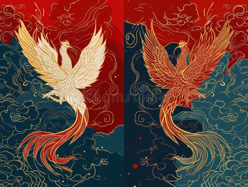 The Picture of Double Flying Phoenix that Stay Opposite of Each Other ...