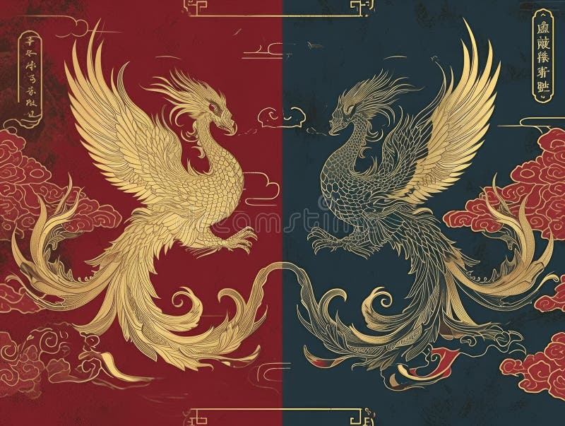 The Picture of Double Flying Phoenix that Stay Opposite of Each Other ...