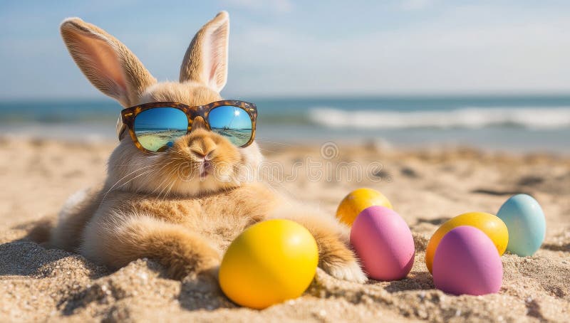 A Picture of the Easter Bunny on the Beach Surrounded by Easter Eggs ...