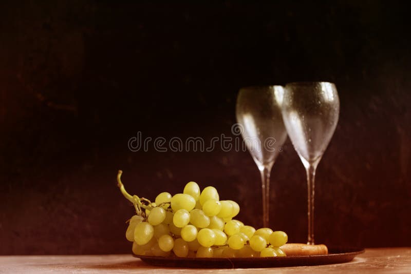 Picture of Empty Wine Glass, Grapes Stock Photo - Image of studio ...