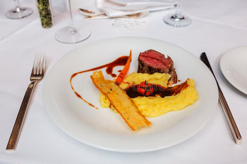 Fine Dining with Beef Filet and Mashed Potatoes Stock Photo - Image of ...