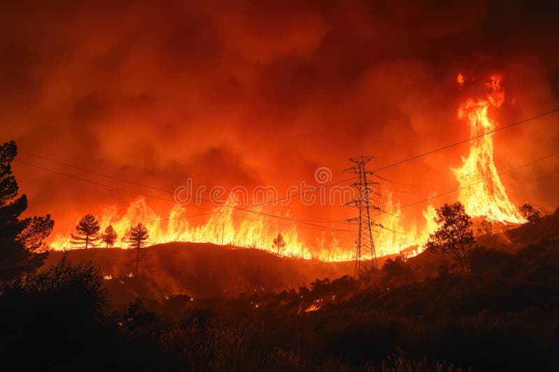A Picture of a Fire Burning in the Distance Behind Power Lines Stock ...