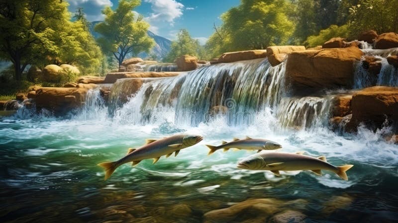 Picture of Fish Jumping Up the Waterfall in the Stream of Water Stock ...