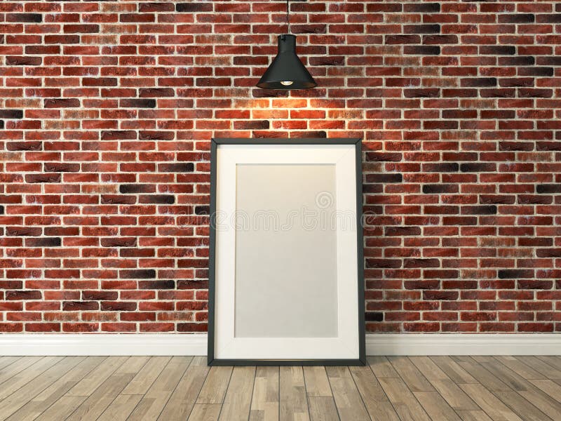 Picture Frame on the Brick Wall and Wood Floor Under Spot Light Stock ...
