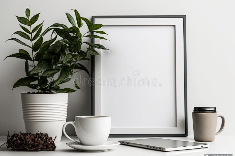 Picture Frame, Coffee Cup, Potted Plant and Laptop on White Table Stock ...