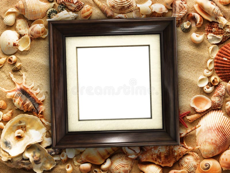 Picture Frame on Shells and Sand Background Stock Image - Image of sand ...