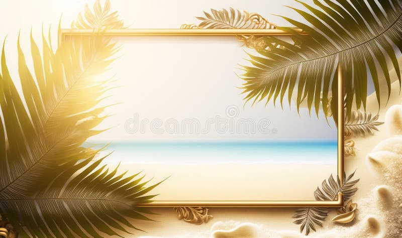 A Picture Frame Surrounded by Palm Leaves on a Sandy Beach Stock ...
