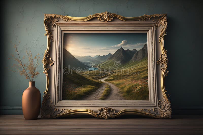 Picture Frame on Wooden Table with Mountain Landscape. Generative Ai ...