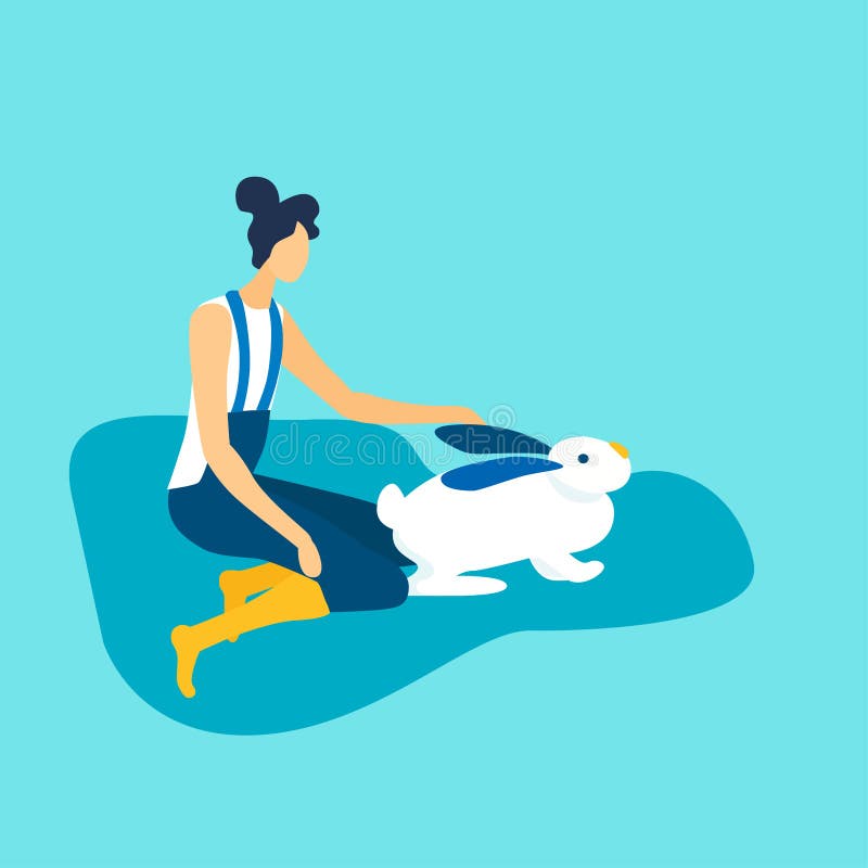 Picture of a Girl Looking after a Rabbit on a White Background. Stock ...