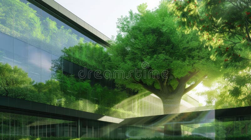 The Mirror Structure Reflect Light and Green Tree on Opposite Under Sun ...