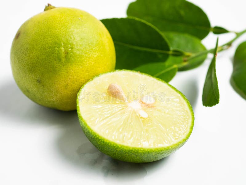 Picture of Green Citrus with Leafs on a White Isolated Background Stock ...