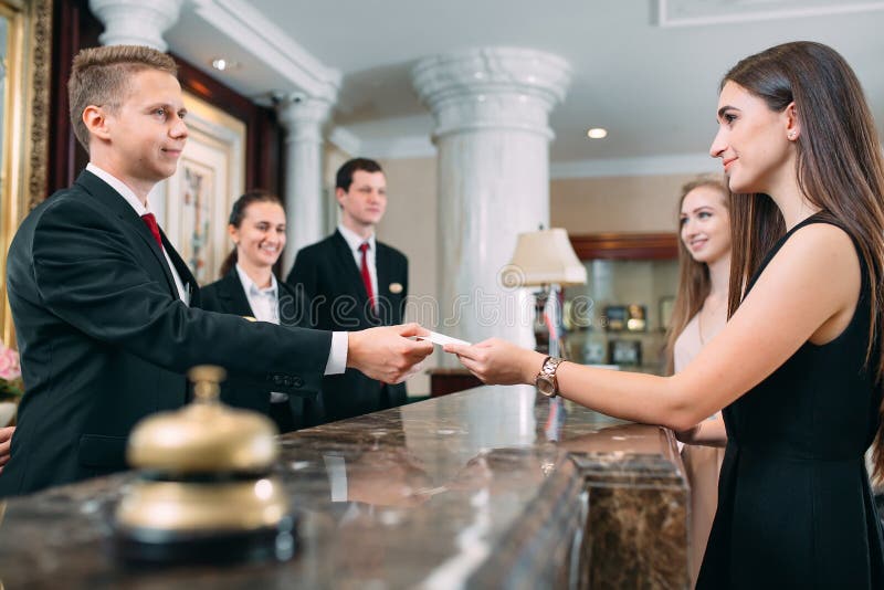 Picture of Guests Getting Key Card in Hotel. Stock Image - Image of ...