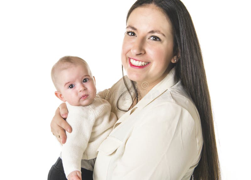 Picture of Happy Mother with Baby Over White Stock Image - Image of ...