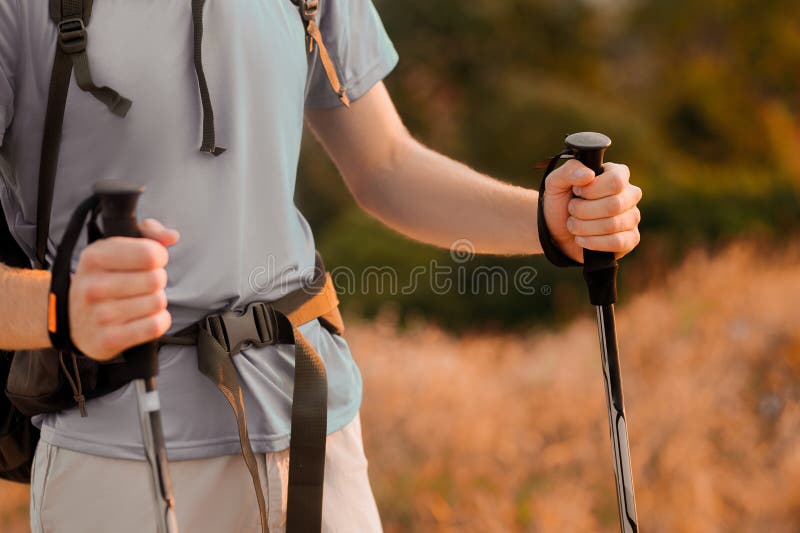 A Picture of a Hiker with Walking Sticks in Hands Stock Photo - Image ...