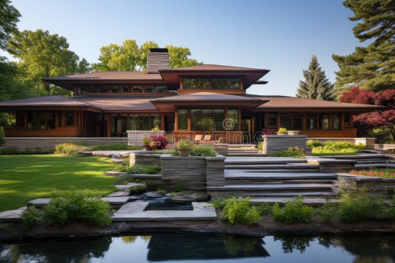 A Picture of a House with a Pond in Front of it, a Frank Lloyd Wright ...