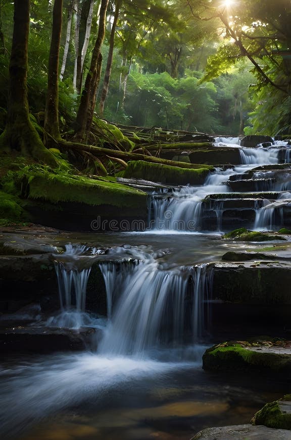 Picture Illustration of a Mini River Waterfall in the Forest Stock ...