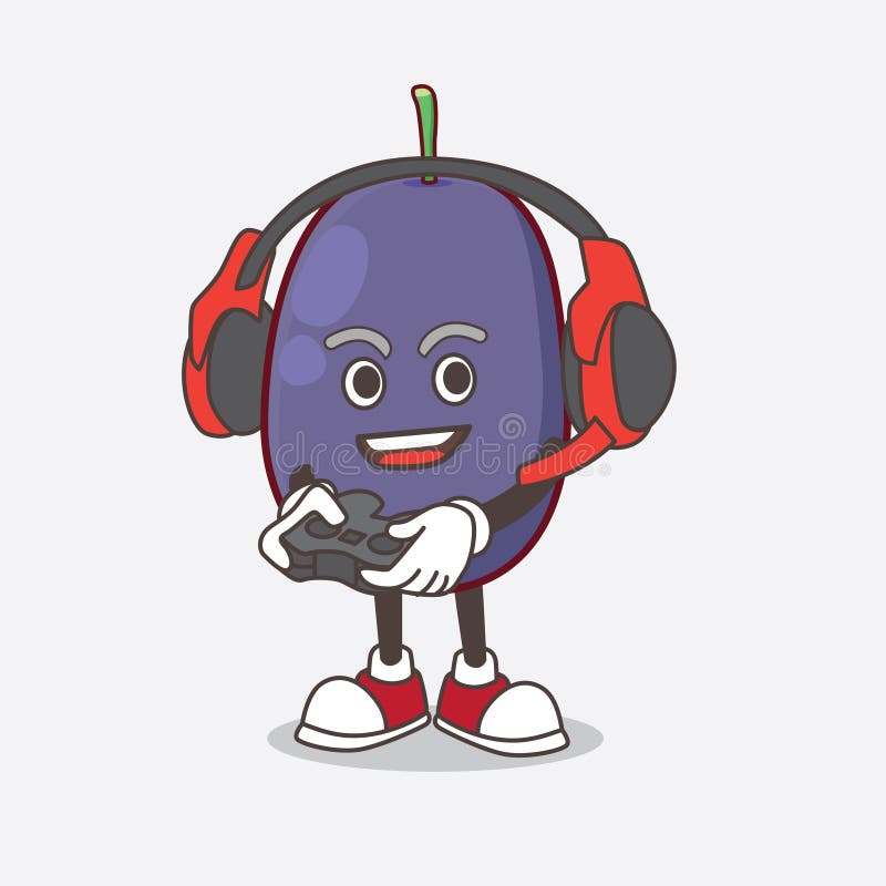 Java Plum Cartoon Mascot Character Play a Game with Headphone and ...