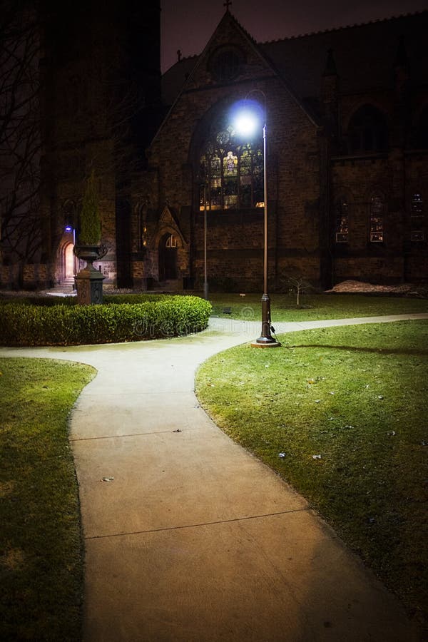 Light Post Illuminating a Path at Night Stock Image - Image of outdoor ...