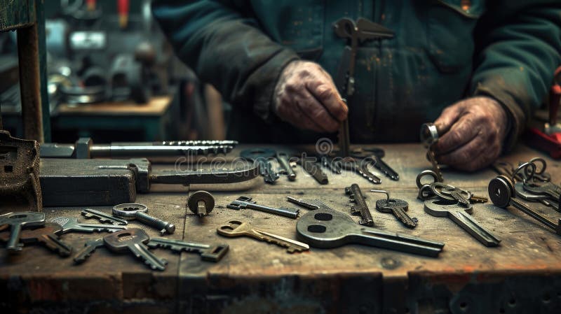 The Locksmith Working in the Workshop Filled with the Keys and Work ...