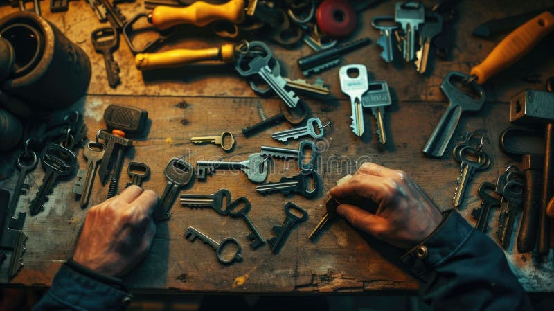 The Locksmith Working in the Workshop Filled with the Keys and Work ...