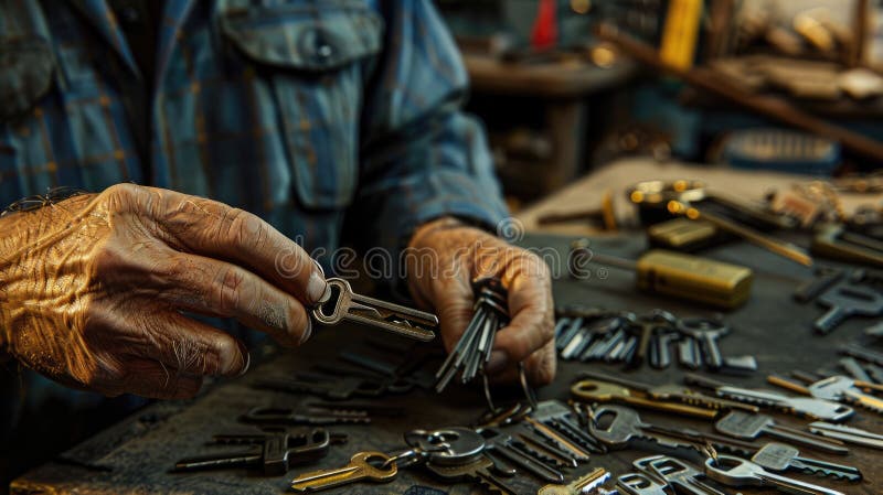 The Locksmith Working in the Workshop Filled with the Keys and Work ...