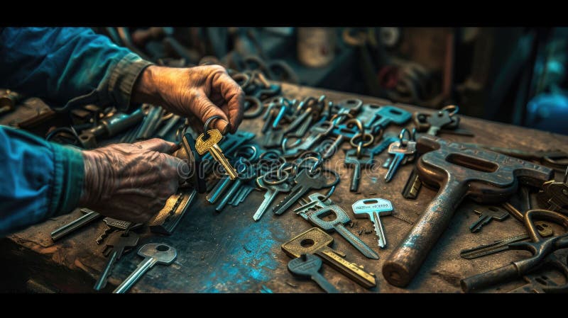 The Locksmith Working in the Workshop Filled with the Keys and Work ...