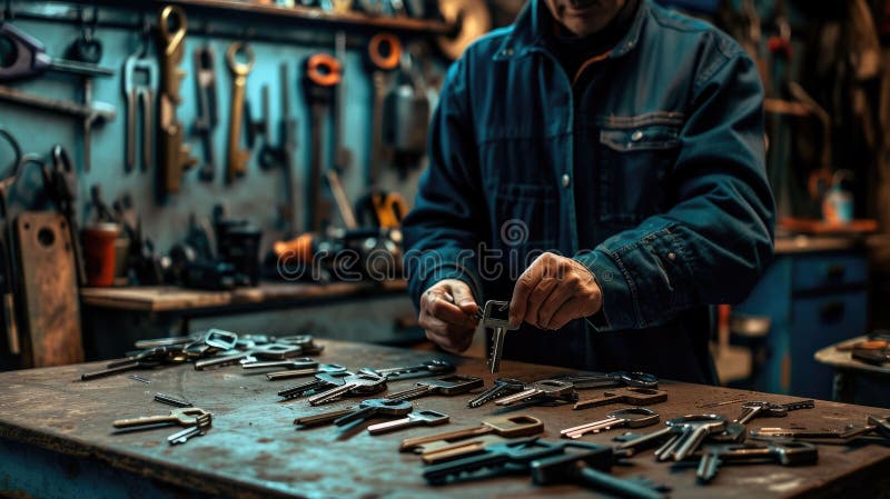 The Locksmith Working in the Workshop Filled with the Keys and Work ...