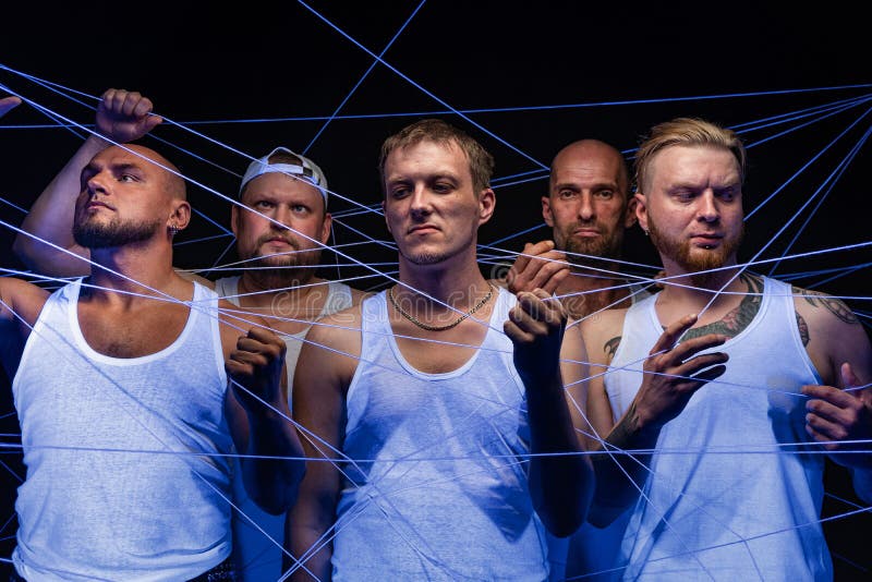 Picture of Tangled in Black Threads Fat Man on Red Background Stock ...