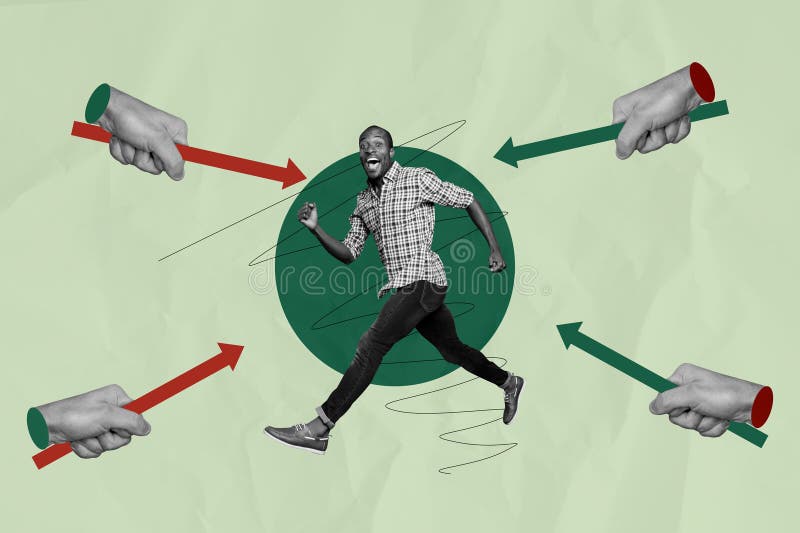 Picture Metaphor Collage of Worker Man Running with Pointer Pointing at ...