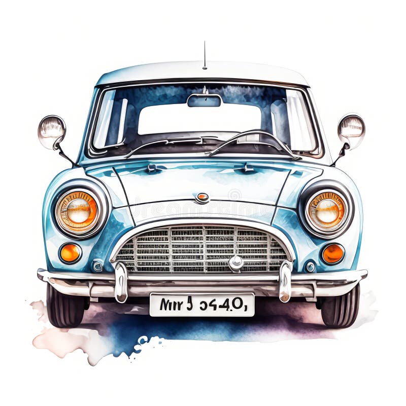Mini Classic Car, Watercolor Style on White Background Stock ...