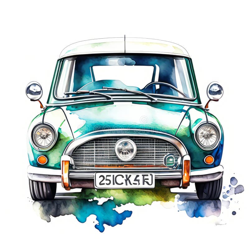 Mini Classic Car, Watercolor Style on White Background Stock ...