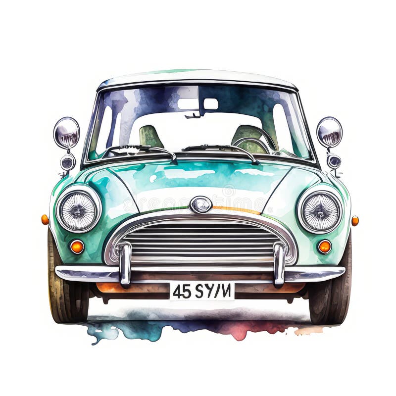 Mini Classic Car, Watercolor Style on White Background Stock ...