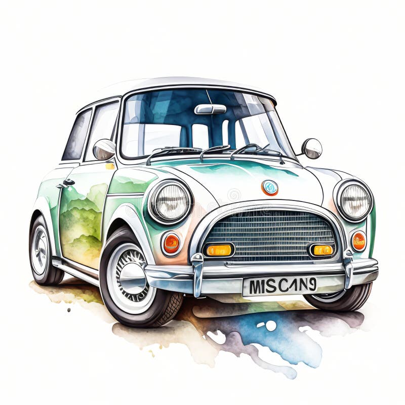 Mini Classic Car, Watercolor Style on White Background Stock ...