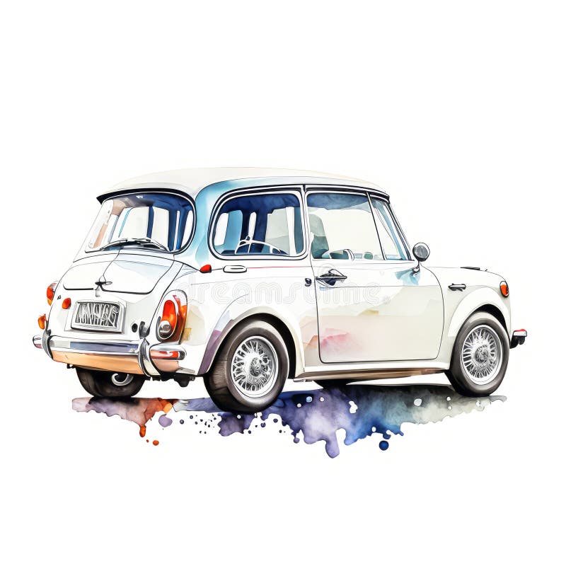 Mini Classic Car, Watercolor Style on White Background Stock ...