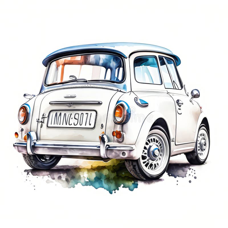 Mini Classic Car, Watercolor Style on White Background Stock ...