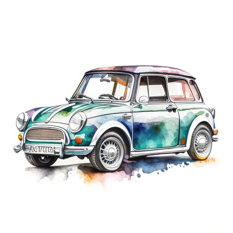 Mini Classic Car, Watercolor Style on White Background Stock ...