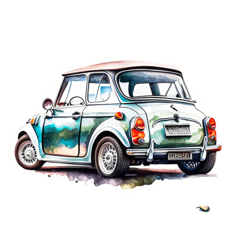Mini Classic Car, Watercolor Style on White Background Stock ...