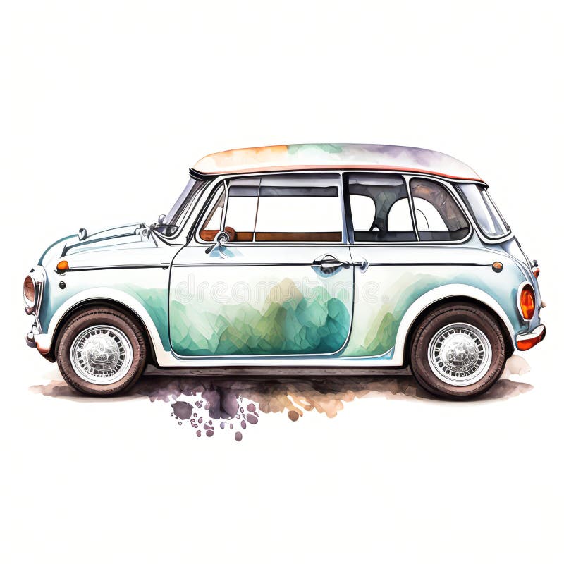 Mini Classic Car, Watercolor Style on White Background Stock ...