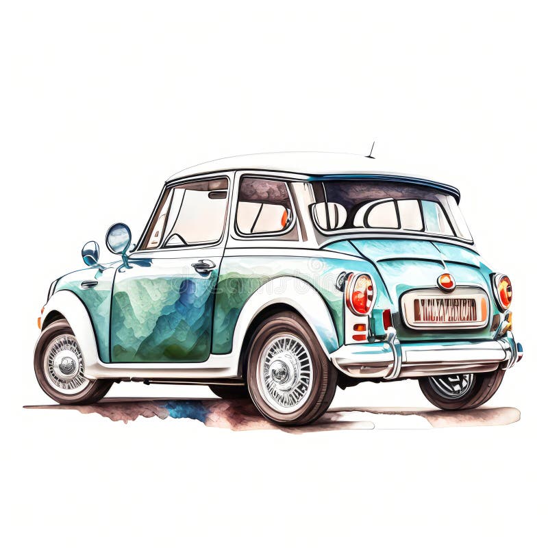 Mini Classic Car, Watercolor Style on White Background Stock ...