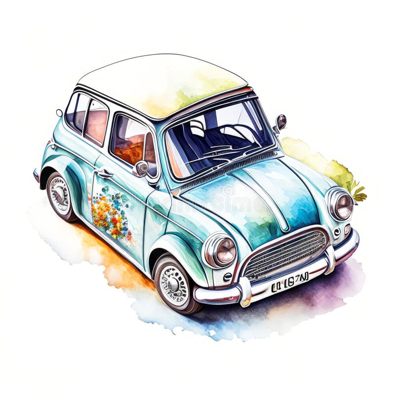 Mini Classic Car, Watercolor Style on White Background Stock ...