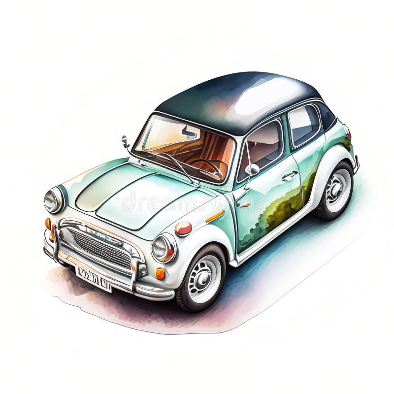 Mini Classic Car, Watercolor Style on White Background Stock ...