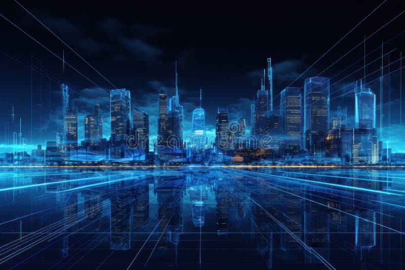 Picture of Modern City Buildings with a Blue Light, in the Style of ...