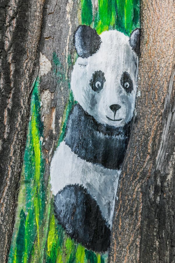 A Picture of a Panda on a Tree Trunk Stock Photo - Image of lumber ...